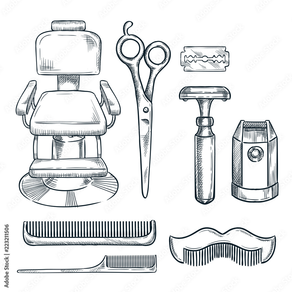 Barbershop vintage tools vector sketch illustration. Hand drawn icons ...