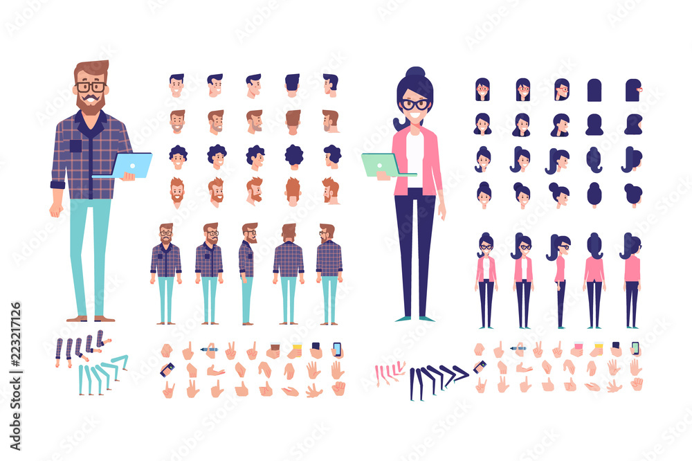 Front, side, back, 3/4 view animated characters. Young people creation ...