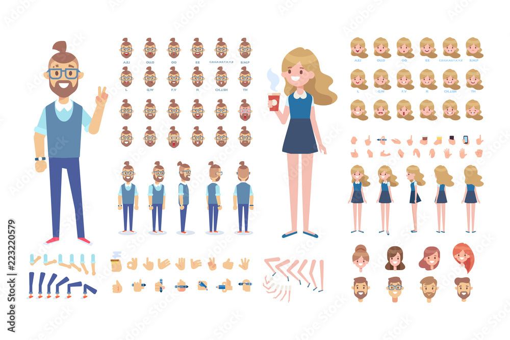 Front, side, back, 3/4 view animated characters. Young people creation ...