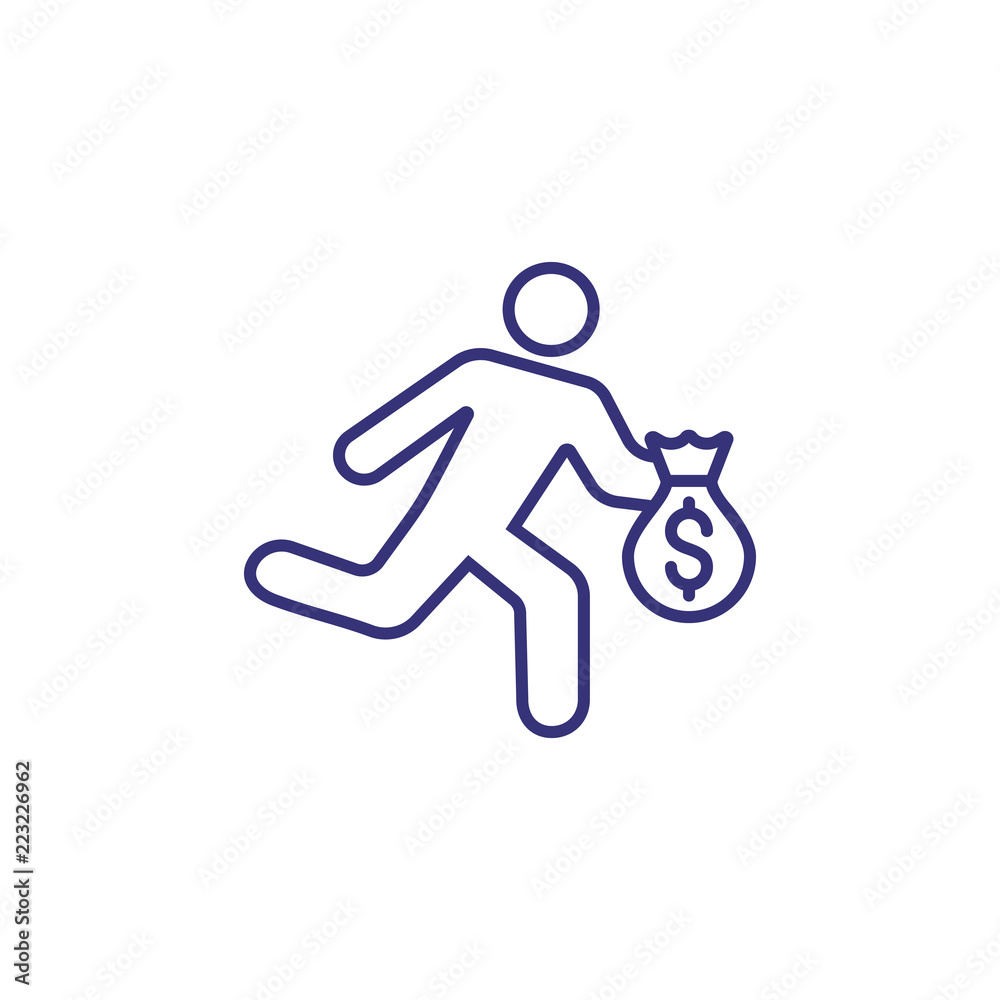 Thief line icon. Running in man carrying bag of money. Justice concept ...