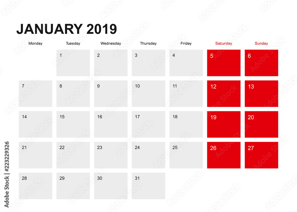 2019 January planner calendar design. Week starts from Monday. Stock ...