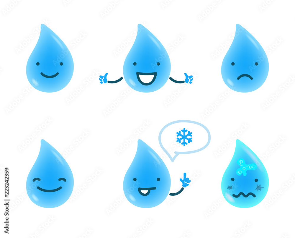 Water Drop Cartoon Character With Different Face Expressions Vector Graphics With Gradients