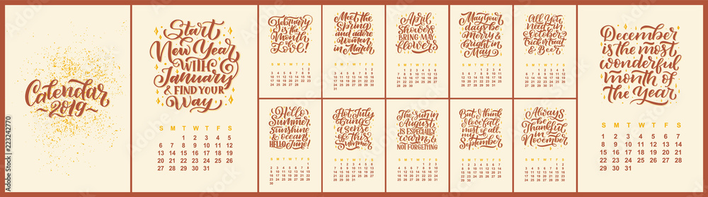 Vector calendar for months 2 0 1 9. Hand drawn lettering quotes for ...