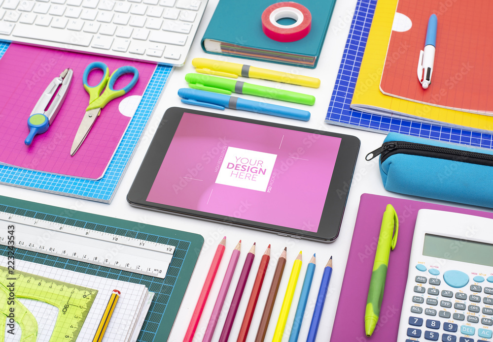Tablet with School Supplies Mockup Stock Template | Adobe Stock
