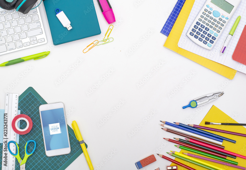 Smartphone with School Supplies Mockup Stock Template | Adobe Stock