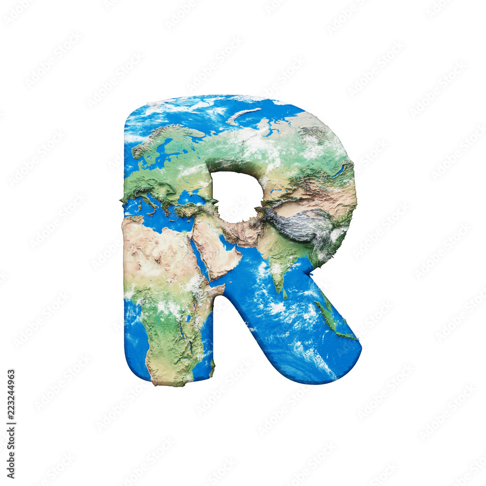 World earth globe alphabet letter R uppercase. Global worldwide font ...