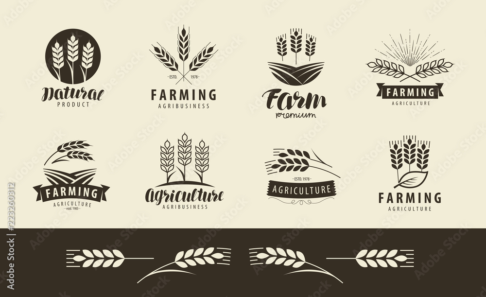 Agriculture, wheat logo or label. Farm, farming set of icons. Vector ...