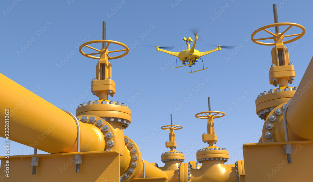 3D illustration of a UAV drone in flight inspecting oil/gas pipeline ...