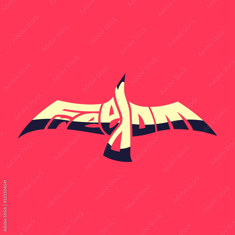 Freedom. Typography word picture as bird image. Hand lettered graphic ...