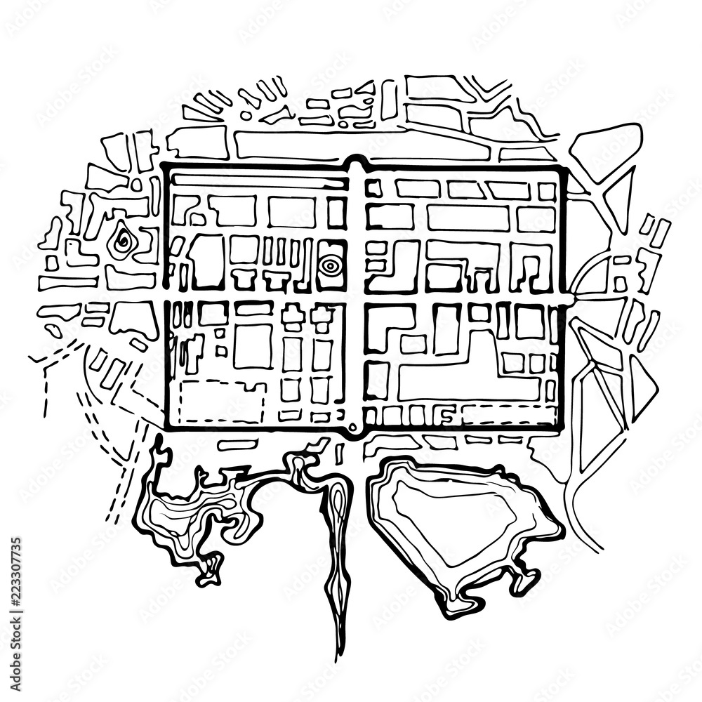 Urban plan of a city, old village. Doodle city map. Vector city drawing ...