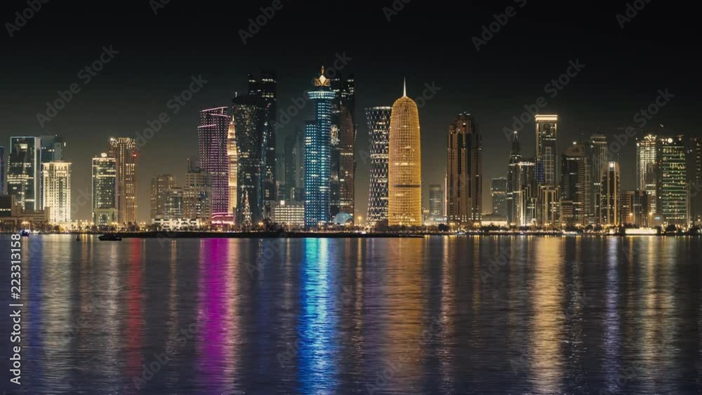 The skyline of Doha. Doha at night Time-lapse, Qatar. Wide shot, Modern ...