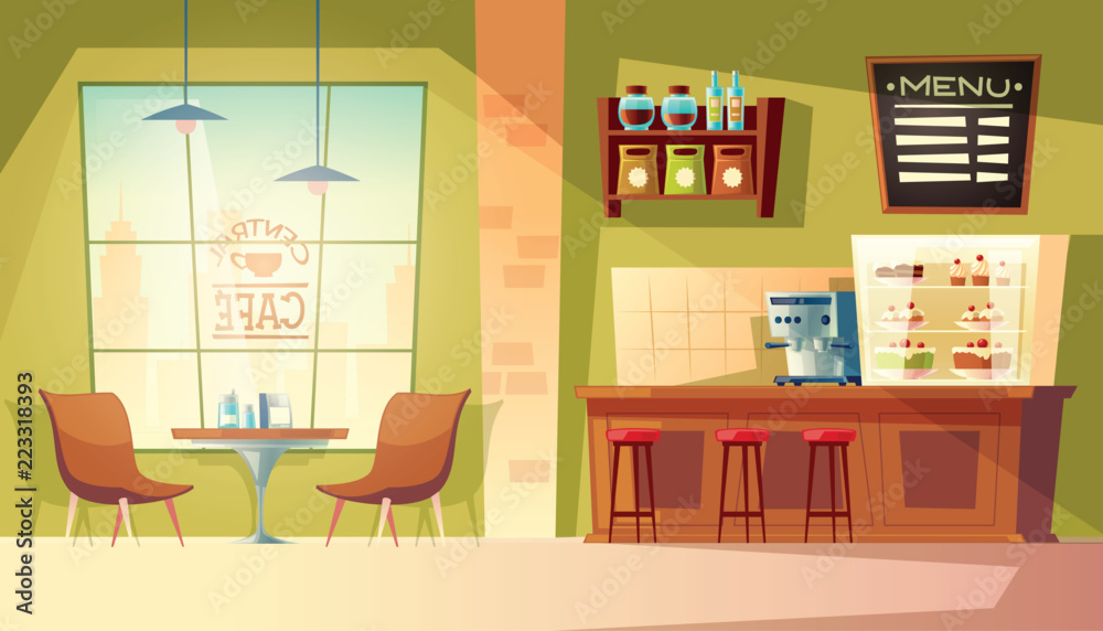 Vetor De Vector Cartoon Cafe With Window Cozy Interior With Coffee