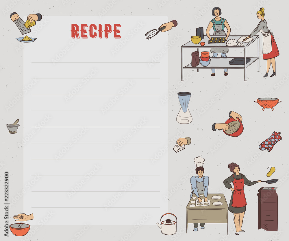 Recipe card. Cookbook page. Design template with people preparing meals ...