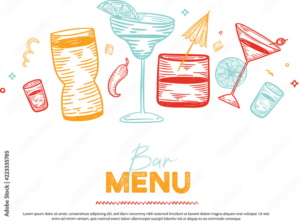 Cocktail party horizontal banner. Vector design with glasses, shakers ...