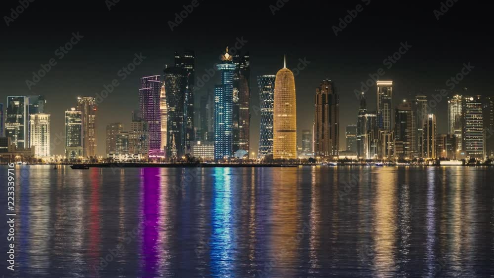 The skyline of Doha. Doha at night Timelapse, Qatar. Wide shot, Modern ...
