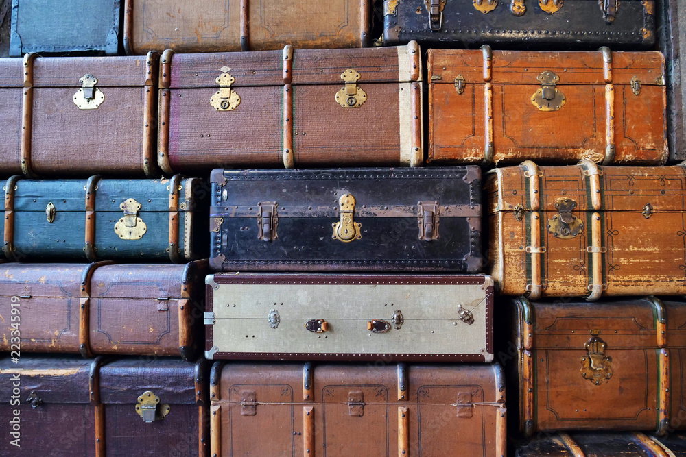Texture of vintage suitcases one above the other of the 90s, suitcases ...