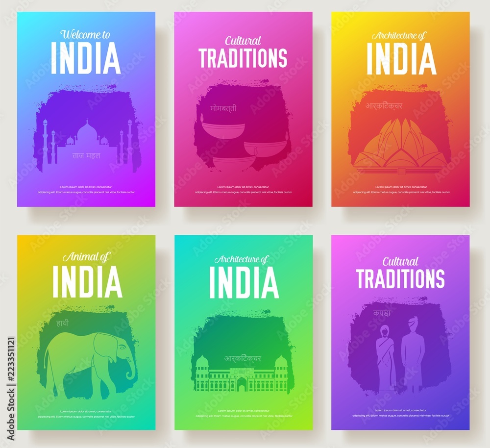 Set of India cultural country and landmarks ornament illustration ...