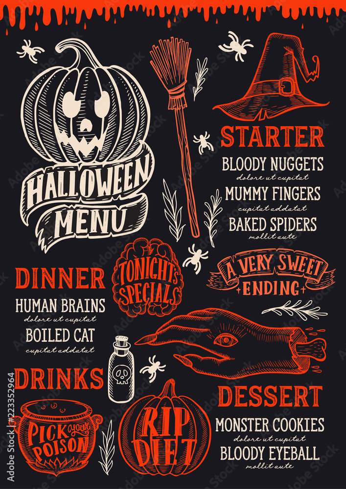 Halloween menu with holiday decorations on a blackboard vector ...