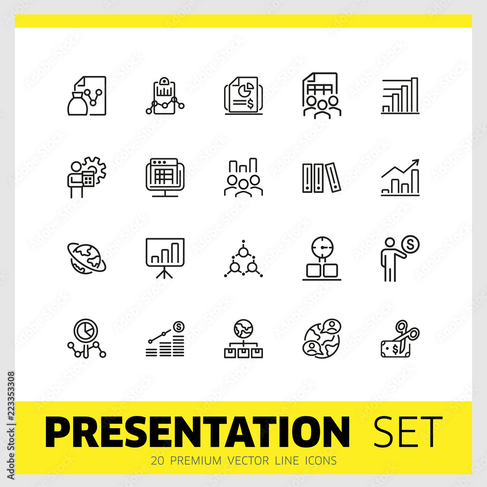 Presentation icons. Set of line icons. Report, research, diagram ...