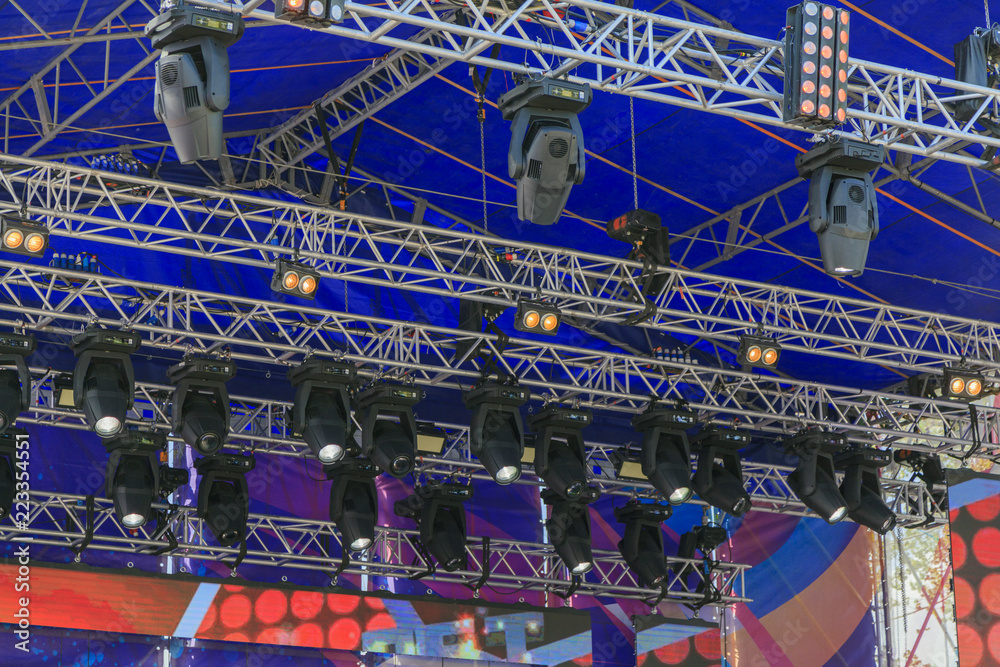 Concert stage with lights and musical instruments,Professional lighting ...