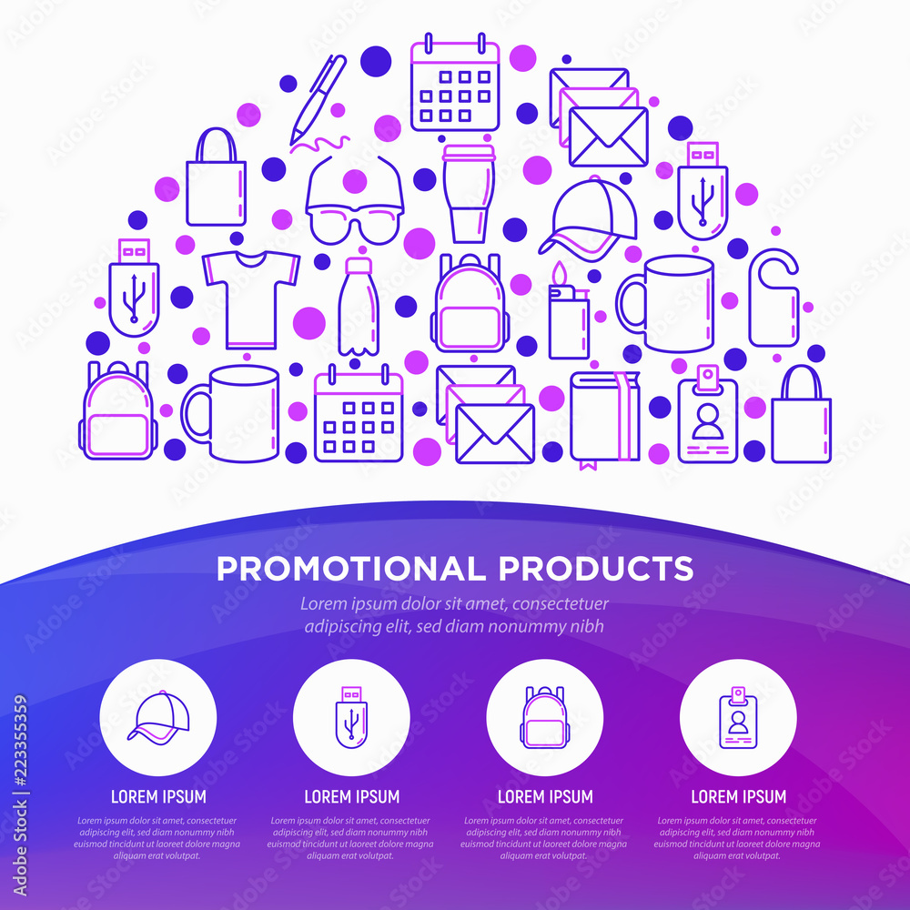 Promotional products concept in half circle with thin line icons ...