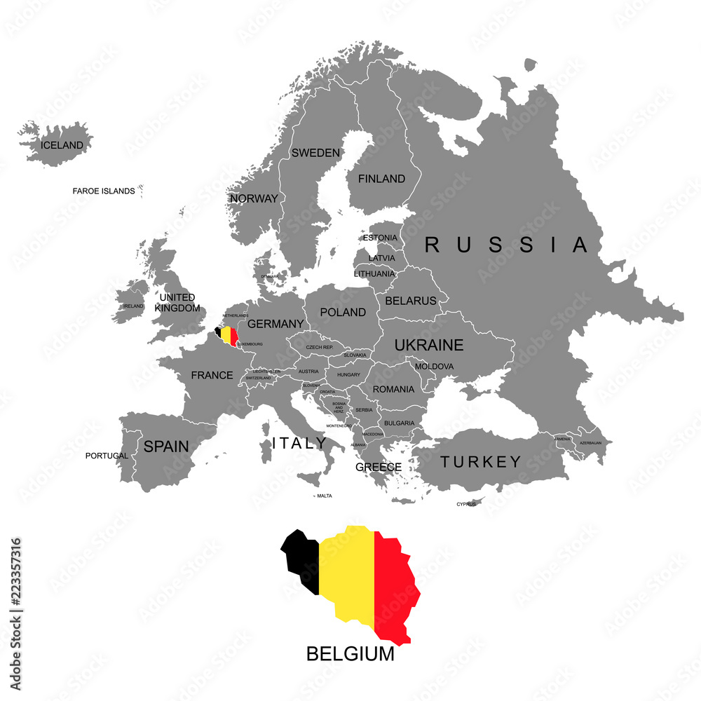 Territory of Europe continent. Belgium. Separate countries with flags ...
