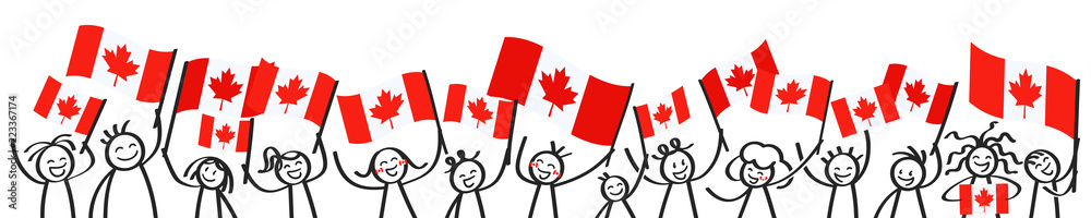 Cheering crowd of happy stick figures with Canadian national flags ...