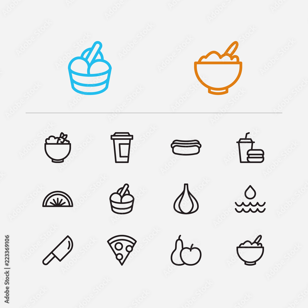 Meal icons set. Healthy food and meal icons with fruit, pizza and hot ...