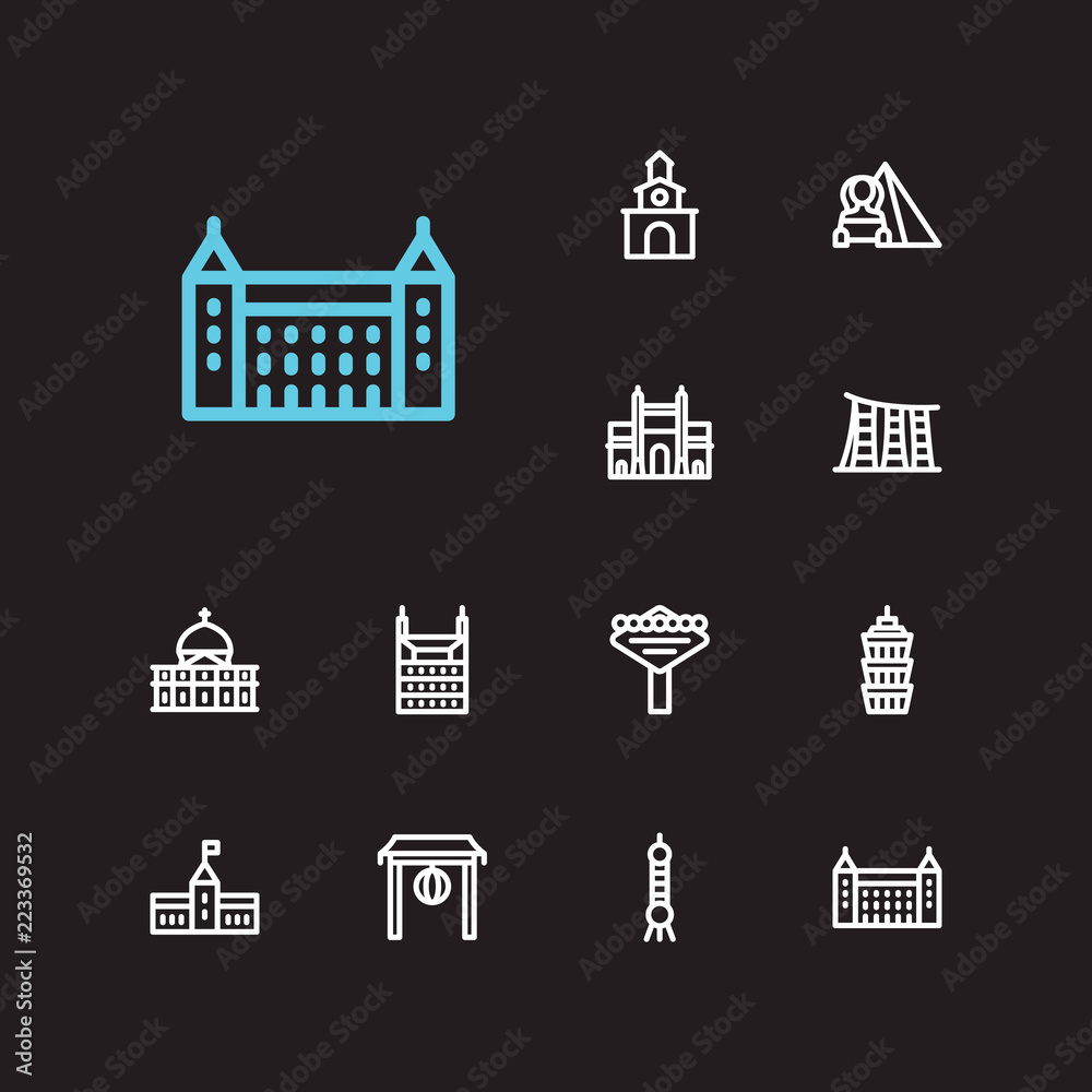 Travel icons set: spain, nashville, singapore and building, skyscraper ...