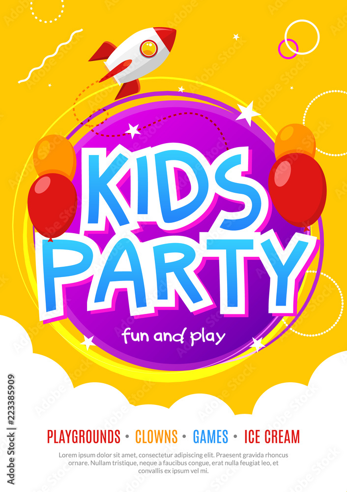 Kids fun party celebration flyer design template. Child event banner ...