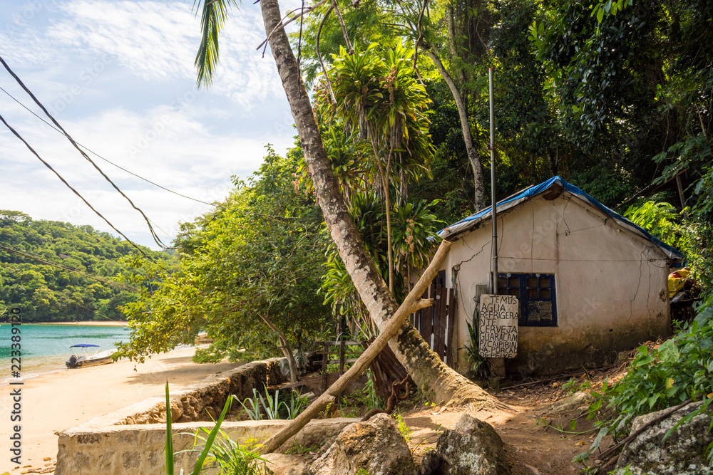 Precarious house in the shadows with a palm tree, a beautiful beach ...