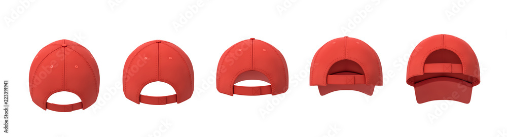 3d rendering of five red baseball caps shown in one line in a back view ...