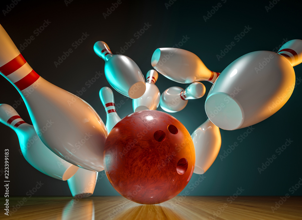 bowling ball hitting the pins. fun and sport concept, goal achieved ...