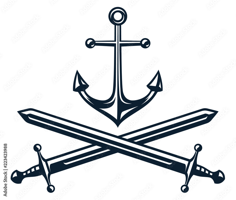 Monochrome vintage icon crossed swords and anchor. Simple shape for ...