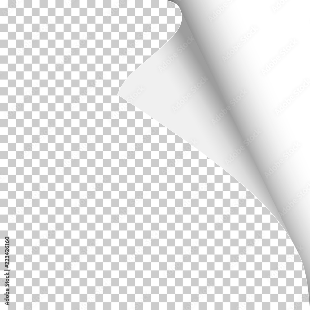 Sheet of transparent paper with curled corner, soft shadow and white ...
