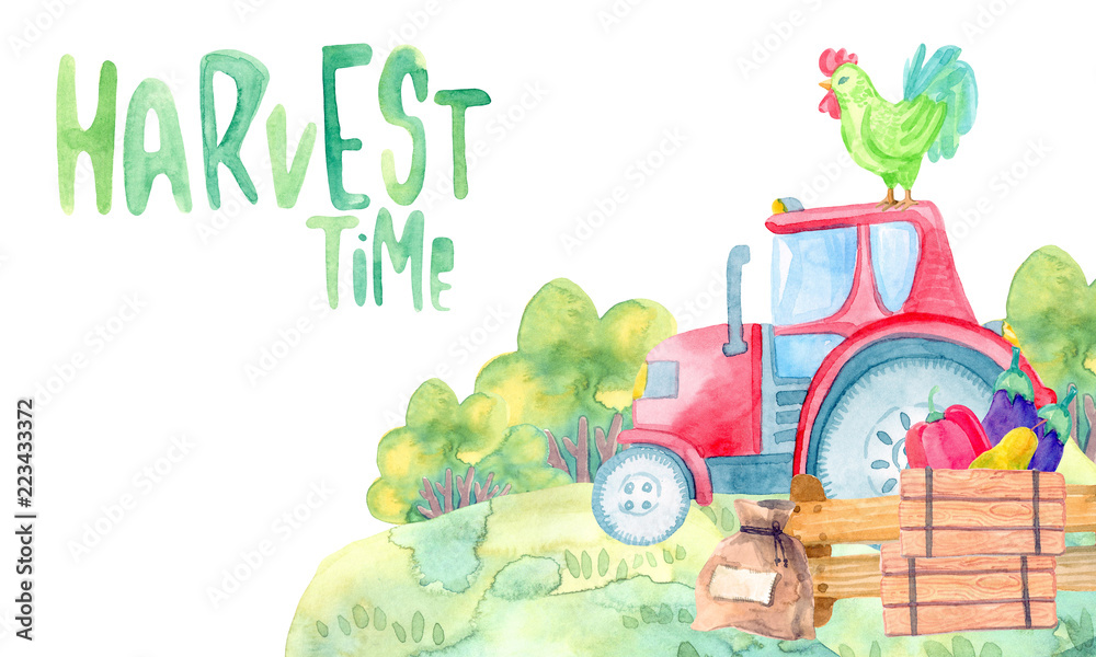 greeting card watercolor cartoon illustration. harvest time. tractor on ...