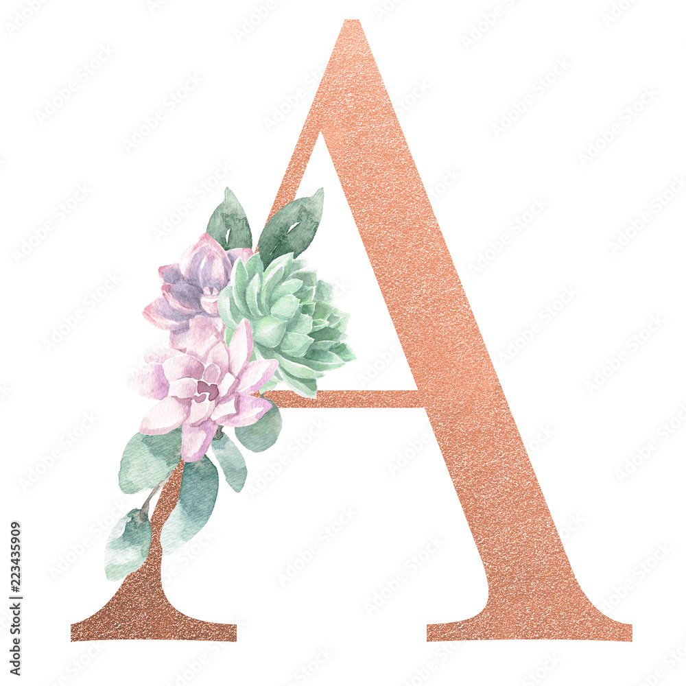 Watercolor Monogram Alphabet Letter A Rose Gold Foil Stock Illustration ...