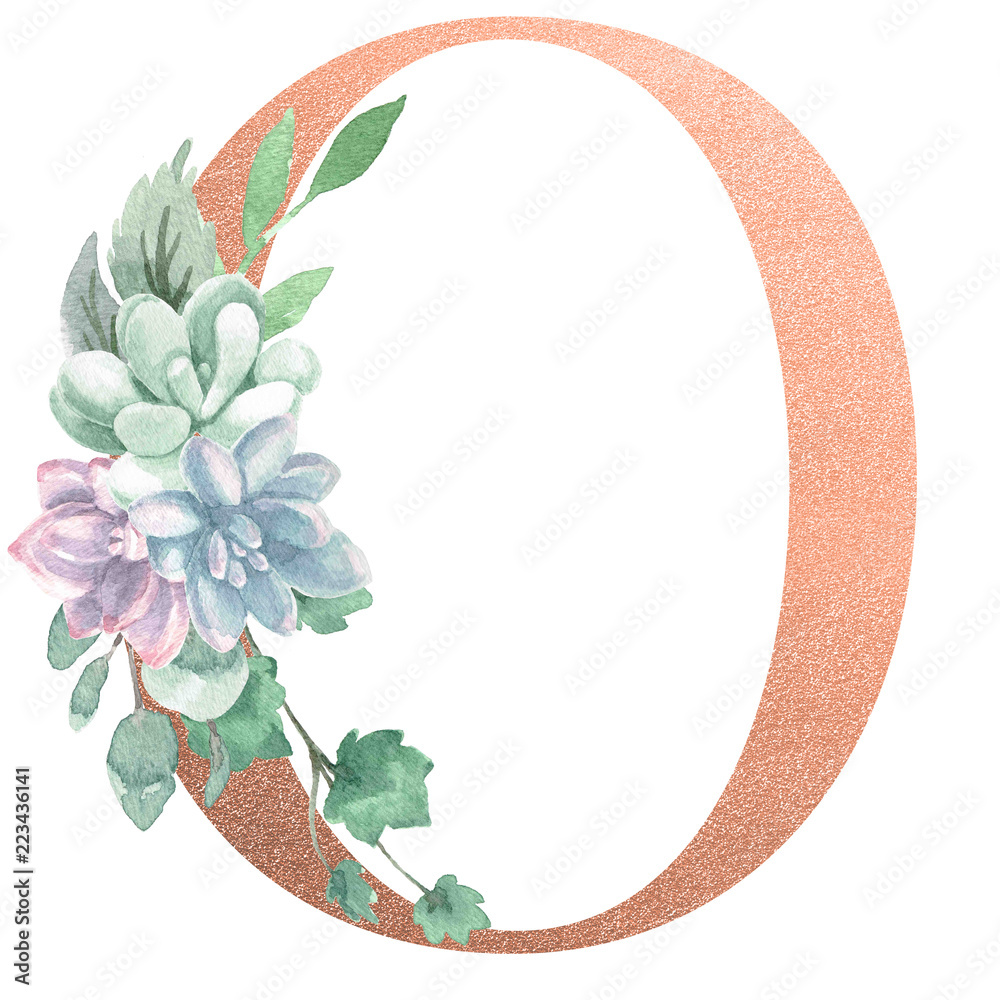 Watercolor Monogram Alphabet Letter O Rose Gold Foil Stock Illustration ...