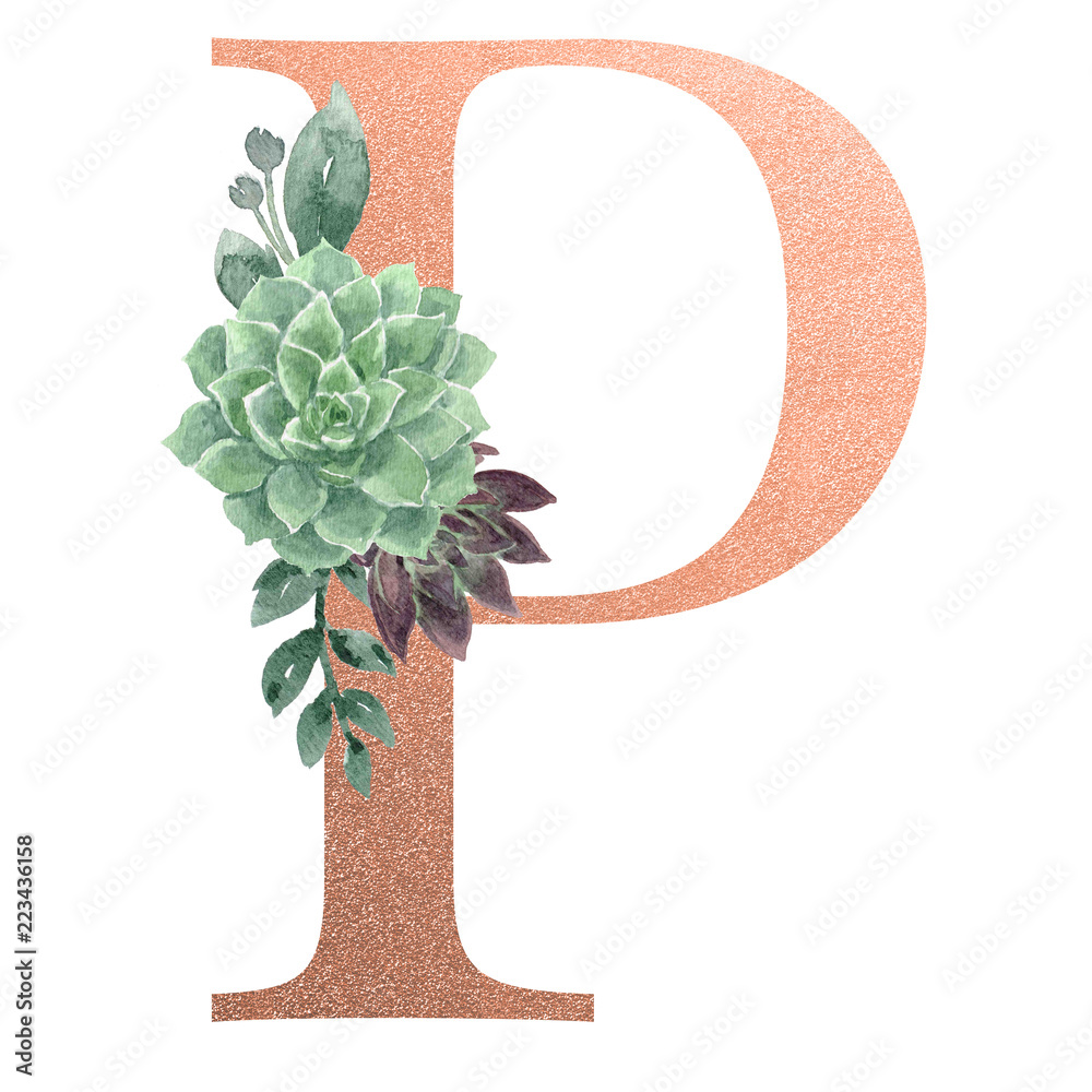 Watercolor Monogram Alphabet Letter P Rose Gold Foil Stock Illustration ...