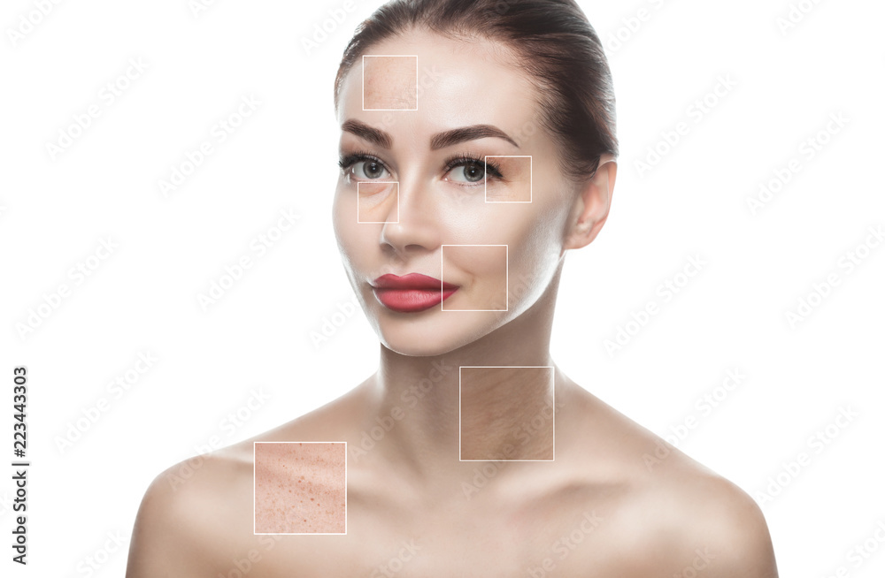 Portrait of a beautiful woman on a white background, on the face are ...