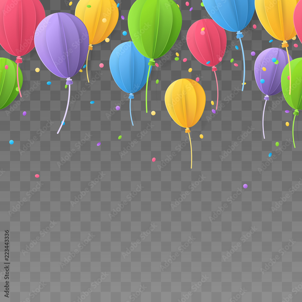 Seamless border of colorful confetti and cut paper realistic balloons ...