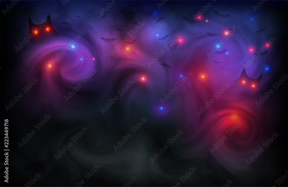 Halloween scary vector dark background with magic red and blue lights ...