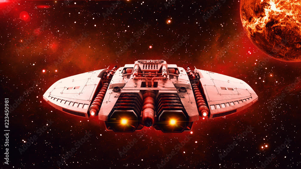 Alien spaceship in deep space, UFO spacecraft flying in the Universe ...