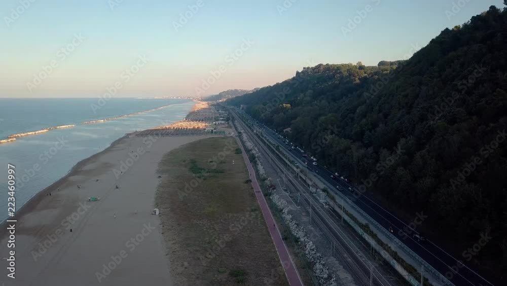 aerial view of mountain with national road, railway line, cycle path ...