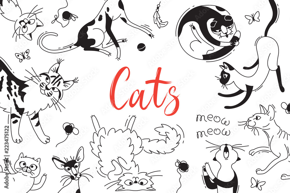 Card with playing cats of different breeds. Cat in the style doodle ...