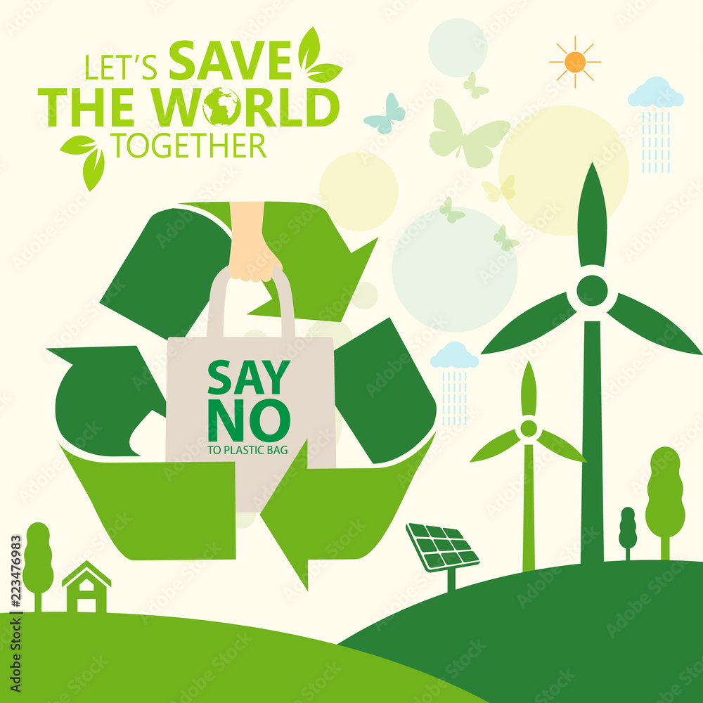 say no to plastic, use cloth bags, World environment day concept. Green ...