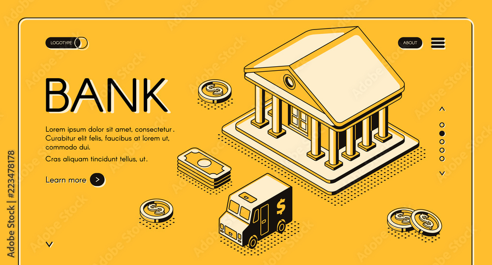 Bank and money isometric thin line vector illustration of dollar money ...