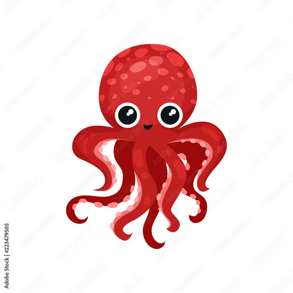 Cute red octopus with big shiny eyes. Soft-bodied mollusk with seven ...