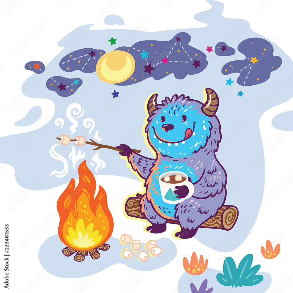Bigfoot roasts marshmallows over a campfire. Vector illustration in ...