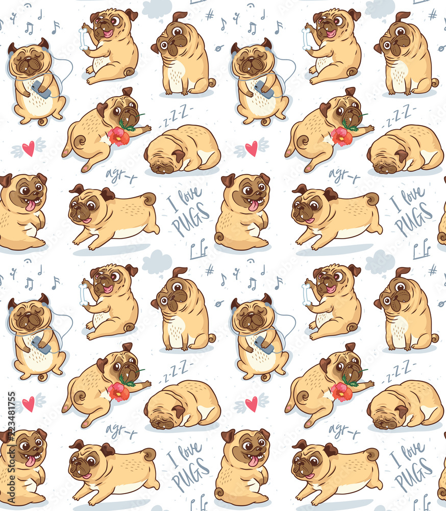 Cute funny pug pupies seamless pattern background Stock Vector | Adobe ...